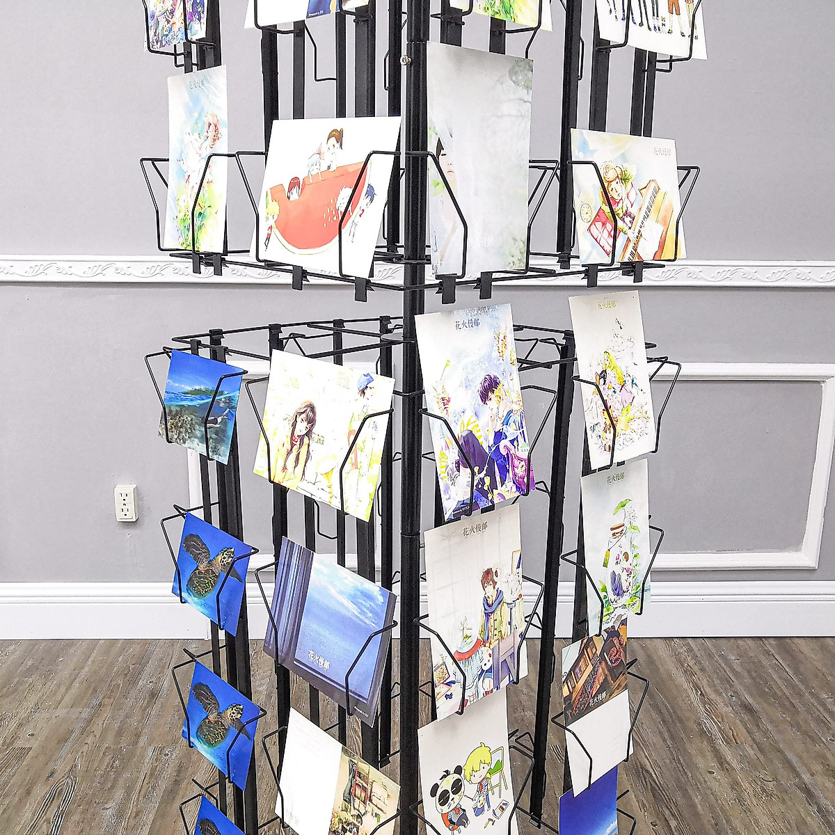 64 Adjustable Pockets Display Rack 5x7 7x5 up to 9.3" Wide X 8" Tall Cards, 1.27" deep Pockets, Double Tier Greeting Post Card Christmas Holiday Spinning Rack Stand Black 11603-M-BLK