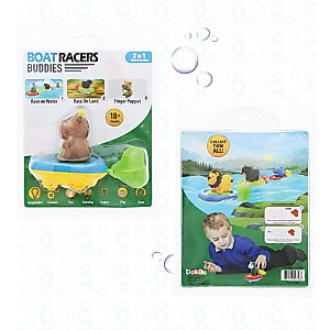 Dollibu Boat Racer Buddy, Fun Educational Bath Toy Finger Puppet Pull and Go Water Racing Woodland Pal for Shower Pool Bathtub Swim Hard Surface for Baby Toddler and Boy - 6 Inch - 3 in 1 Game - Moose