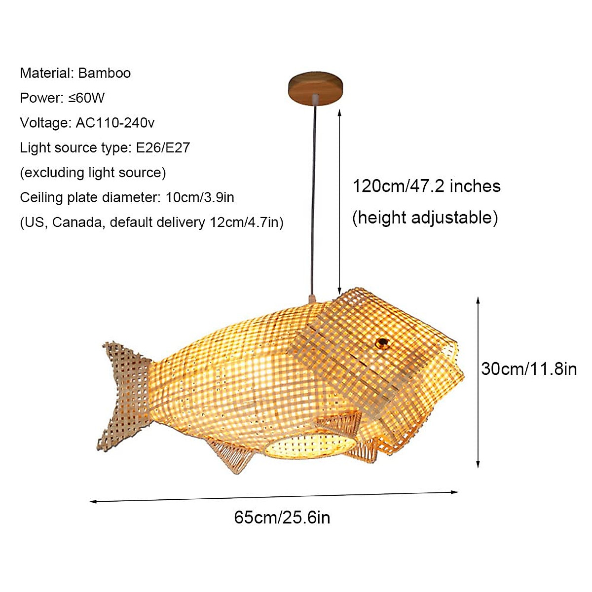 PARREN Fish-Shape Lantern Chandelier Hand-Wove Lamp Shade Modern Boho Style Bamboo Art Wicker Pendant Lamp Adjustable Ceiling Lighting Fixture Over Kitchen Island for Living Room,Dining Room Bedroom