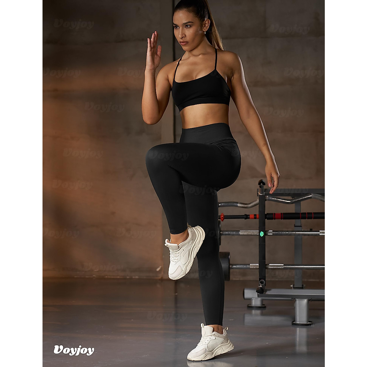 VOYJOY V-Back Scrunch Butt Workout Leggings Women Seamless Gym Yoga Leggings High Waist Active Yoga Pants Black