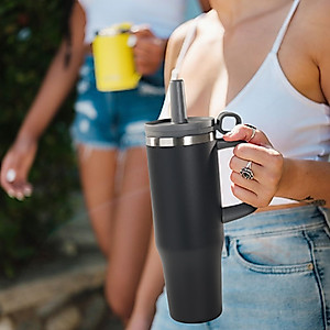 40oz Tumbler, Insulated Stainless Steel Water Bottle with Straw, Cover Cap, Leak Proof Travel Tumbler with Handle, BPA-Free, Cupholder Friendly, Gifts for Women & Men, Black