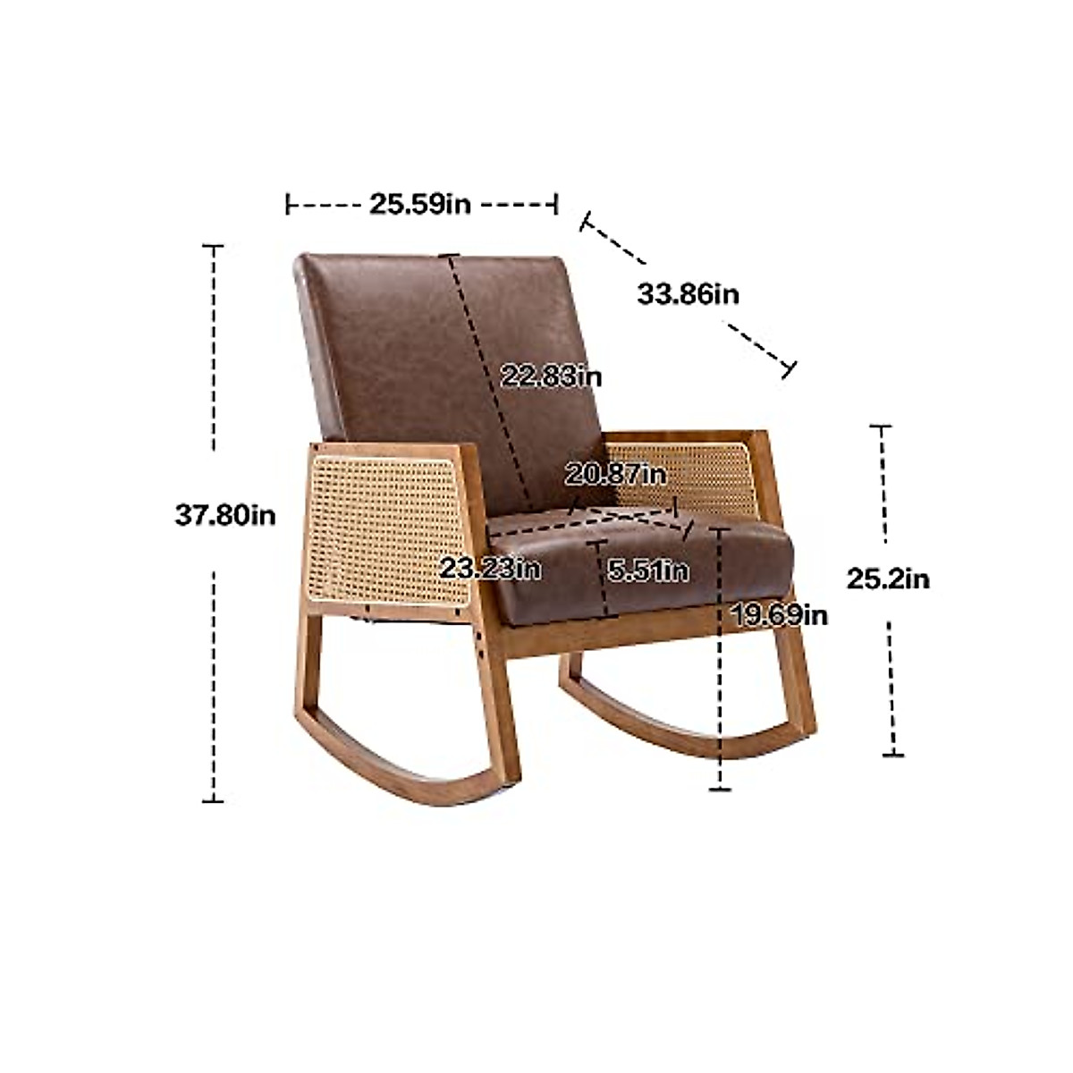 Haplized Brwon Leather Rocking Chair, Modern Rattan Armrests Accent Chair with Padded Seat and High Backrest, Comfy Rocker for Nursery, Living Room, Bedroom