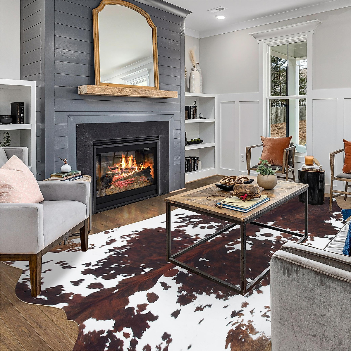 coffinsea Faux Cowhide Rug 5.2x4.6 ft Area Rugs Cow Hide Area Rugs Carpet Western Rugs for Bedroom Living Room Dining Room Decor Animal Print Rugs Cow Rug for Western Home Decor Fur Rug Carpets