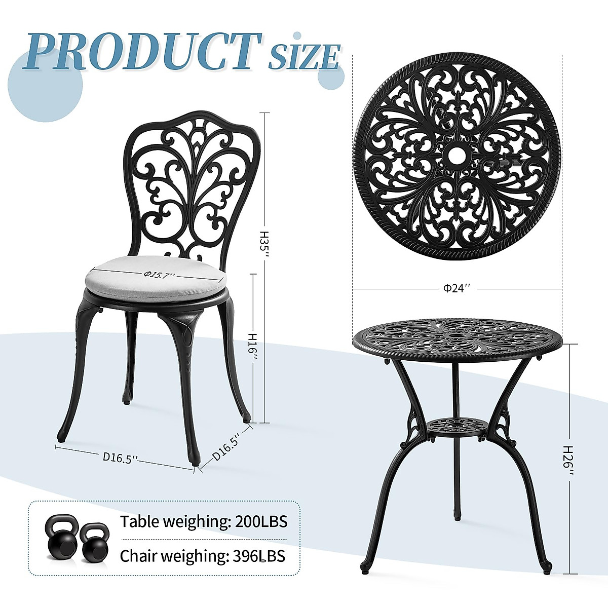 Withniture 3 Piece Bistro Patio Set Cast Aluminum Bistro Table and Chairs Set of 2 with Cushion,Outdoor Bistro Table Set with Umbrella Hole,All Weather Patio Furniture Set for Garden,Black