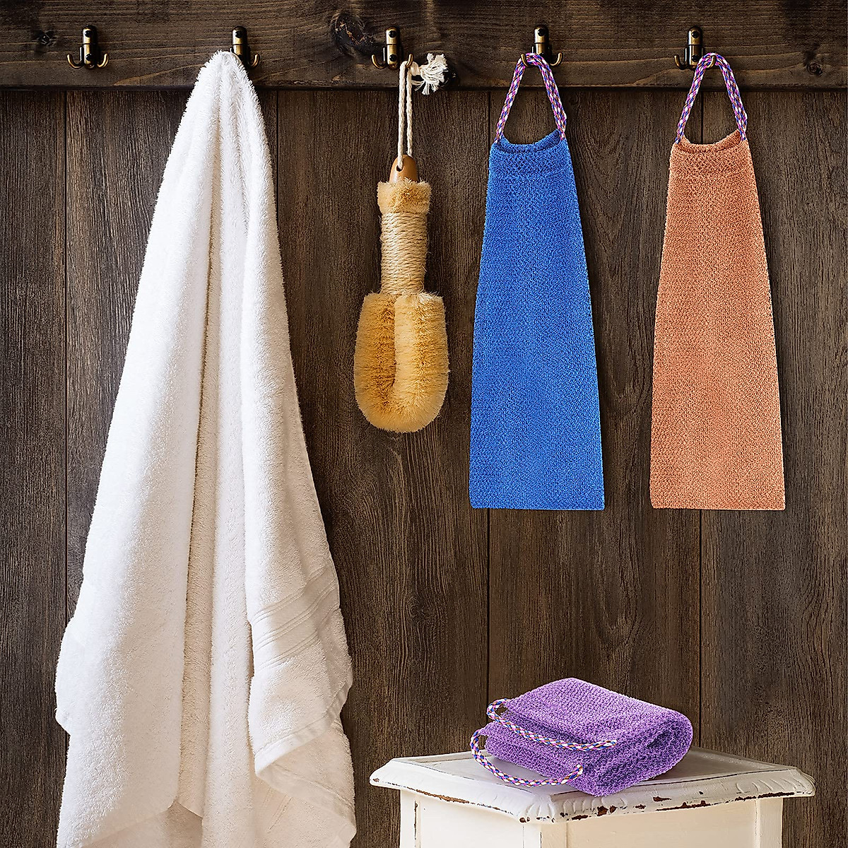 Tegeme 3 Pcs African Exfoliating Net Sponges Bath Back Scrubbers Long with Pull Strap Exfoliating Smoother Nylon Body Shower Loofahs Cloth for Women Men Daily Handles Washcloth Wash Purple Blue Coffee