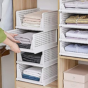 Set of 4 Stackable Closet Wardrobe Storage Bins Organizer (Easy Open and Folding), Plastic White Wardrobe Shelves Closet Organiser Box, Pull Out Like a Drawer, Suitable for Home, Bedroom, Kitchen