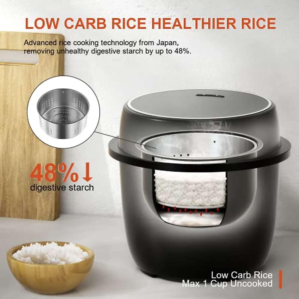 Rice Cooker Small Low Carb, YOKEKON 3-cup (uncooked) Rice Cooker with Stainless Steel Steamer, 8-in-1 Rice Maker, Delay Timer and Auto Keep Warm Feature, Sushi, Risitto, Steamer, Cake, Black
