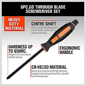 HORUSDY 6-Pieces Magnetic Screwdriver Set, 3 Phillips and 3 Flat Head Tips Screwdriver for Fastening, Chiselling and Loosening Seized Screws (New Screwdriver Set)