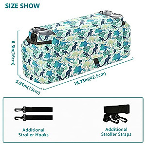 Dinosaurs Pattern Stroller Organizer with Cup Holder Universal Stroller Organizer Bag Detachable Shoulder Strap Stroller Accessories for Diaper Phone Keys Toys Fit All Baby Stroller