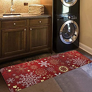 Libaoge Kitchen Mat Rug 1 PCS Christmas Golden Snowflake Red Runner Rug Anti-Fatigue Comfort Memory Foam Standing Mat Non-Slip Floor Door Mat for Bathroom Bedroom 24x71in