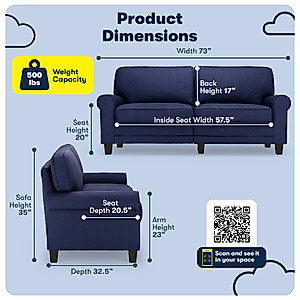 Serta Copenhagen 73" Rolled Arm Sofa, Easy Care Polyester, Soft Pillow Back, Pocket Coil Seat Cushions, Removable Covers, Loveseat or Couch for Small Spaces, Living Rooms or Bedrooms, Navy Blue
