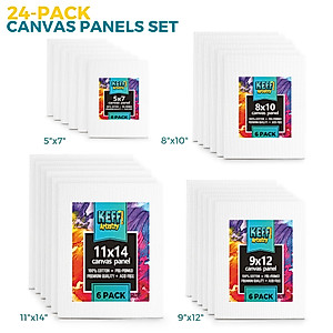 KEFF Canvases for Painting - 24 Pack Blank Canvas Panels Set Boards for Acrylic, Oil, Tempera & Watercolor Paint - 100% Cotton Art Painting Supplies for Adults & Kids