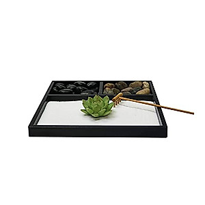 Nature's Mark Mini Zen Garden Kit for Desk with Rake, White Sand, Lotus Figure, 3 Sections Black Square Base, River Rocks and Black Rocks (9Lx9W C)