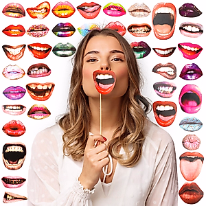 AUEAR, 40 Pack Party Photo Booth Props Funny Lips Mouth Selfie Props Accessories with Stick for Christmas Birthday Wedding Graduation Party and Halloween