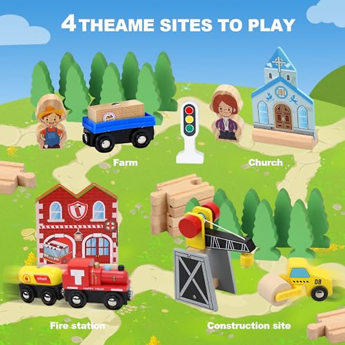 TOY Life Train Set 60pcs Wooden Train Set with Crane, Wooden Train Tracks Toy Train Set for Toddlers 2-4 3-5, Kids Toys for 3 Year Old Boys - Fits Thomas Brio Melisa Chugginton Train Track Set