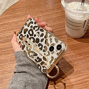 AYABUCO for iPhone 14 Plus Case Golden Plating Leopard Wrist Strap Holder and Finger Loop, Soft TPU Adjustable Wrist Strap Loop Kickstand Cute Print Pattern Design Women Girls Protective Cover