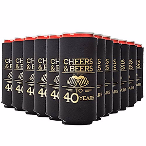 Cheers & Beers to 40 Years Slim Can Coolers, 40th Birthday Party Coolies, Set of 12, Black and Gold Thirtieth Birthday Cup Coolers, Perfect for Birthday Parties, Birthday Decorations