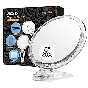 5 Inch Magnifying Mirror 20X with Blackhead Tweezer Kit, Handheld Mirror with Handle, Portable Magnified Mirror with Eyebrow Plucking Tweezers, Foldable, Double sided, Transparent