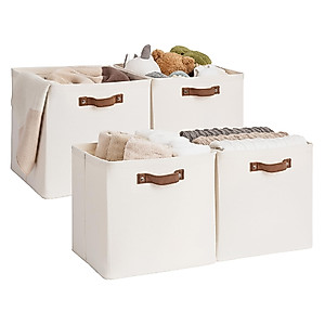 StorageWorks 13x13 Storage Cubes, Collapsible Storage Bins Organizer for Closet, Fabric Storage Box with PU Handles, Beige, 4-Pack