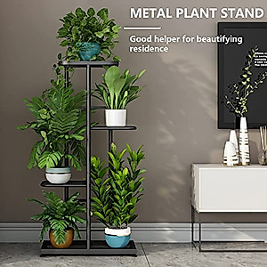 LINZINAR Plant Stand Metal 4 Tier 5 Potted Multiple Flower Pot Holder Shelf Indoor Outdoor Planter Display Shelving Unit for Patio Garden Corner Balcony Living Room (4 Tier 5 Potted, Dark Grey)