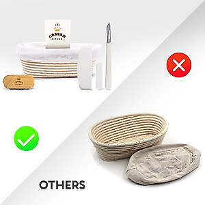 Banneton Bread Proofing Basket By Caesar Bread, 10 Inch Oval Sourdough Brotform For Rising Dough Set, Include Cloth Liner, Scraper, Bread Lame, Brush & Recipe Book For Beginners & Professional Bakers