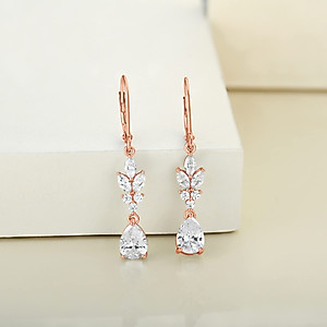 YL Wedding Dangle Drop Earrings for Brides Bridesmaid 925 Sterling Silver Prom Bridal Leverback Earring Rose Gold Cubic Zirconia Jewelry for Women