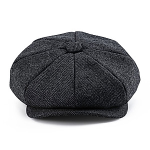 BOTVELA Men's 8 Panel Wool Blend Newsboy Flat Cap Herringbone Tweed Hat (Black, 7 3/8)