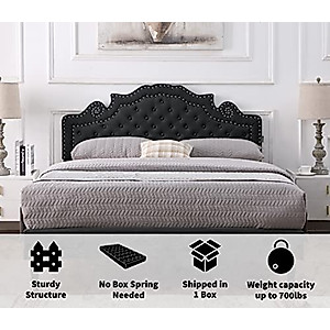 Full Upholstered Platform Bed Frame with 47" Tall Adjustable Headboard - Button Tufted Linen Bed - Wood Slat Support with Storage Space - No Box Spring Needed - Black - Oliver & Smith - Elizabeth