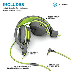 JLab Audio Neon Headphones On-Ear Feather Light, Ultra-plush Eco Leather, 40mm drivers, GUARANTEED FOR LIFE - Graphite/Lime