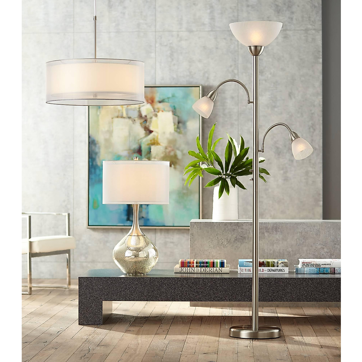 Possini Euro Design Alexei Modern Torchiere Floor Lamp Tree 3-Light Gooseneck Arm 72" Tall Brushed Nickel White Crackle Glass Pole Dimmer Living Room Reading House Bedroom Home Office