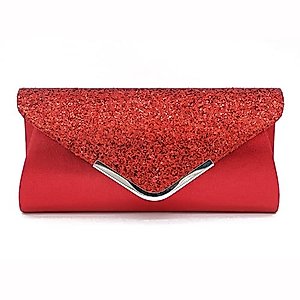 Elegant Faux Leather PU & Glitter Women Evening Purses Party Dinner Clutch Handbags (Red)