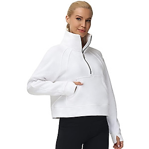 THE GYM PEOPLE Women's Half Zip Pullover Sweatshirt Fleece Stand Collar Crop Sweatshirt with Pockets Thumb Hole White