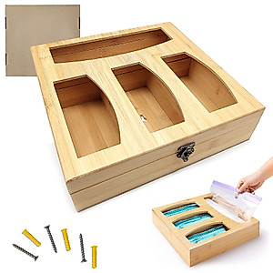 LOMSIOY Ziplock Bag Storage Organizer Kitchen Food Baggie Dispenser Box Bamboo Food Storage Bags Holder for Drawer, Sandwich Bag Container, Compatible with Gallon, Quart, and Snack Variety Size Bag
