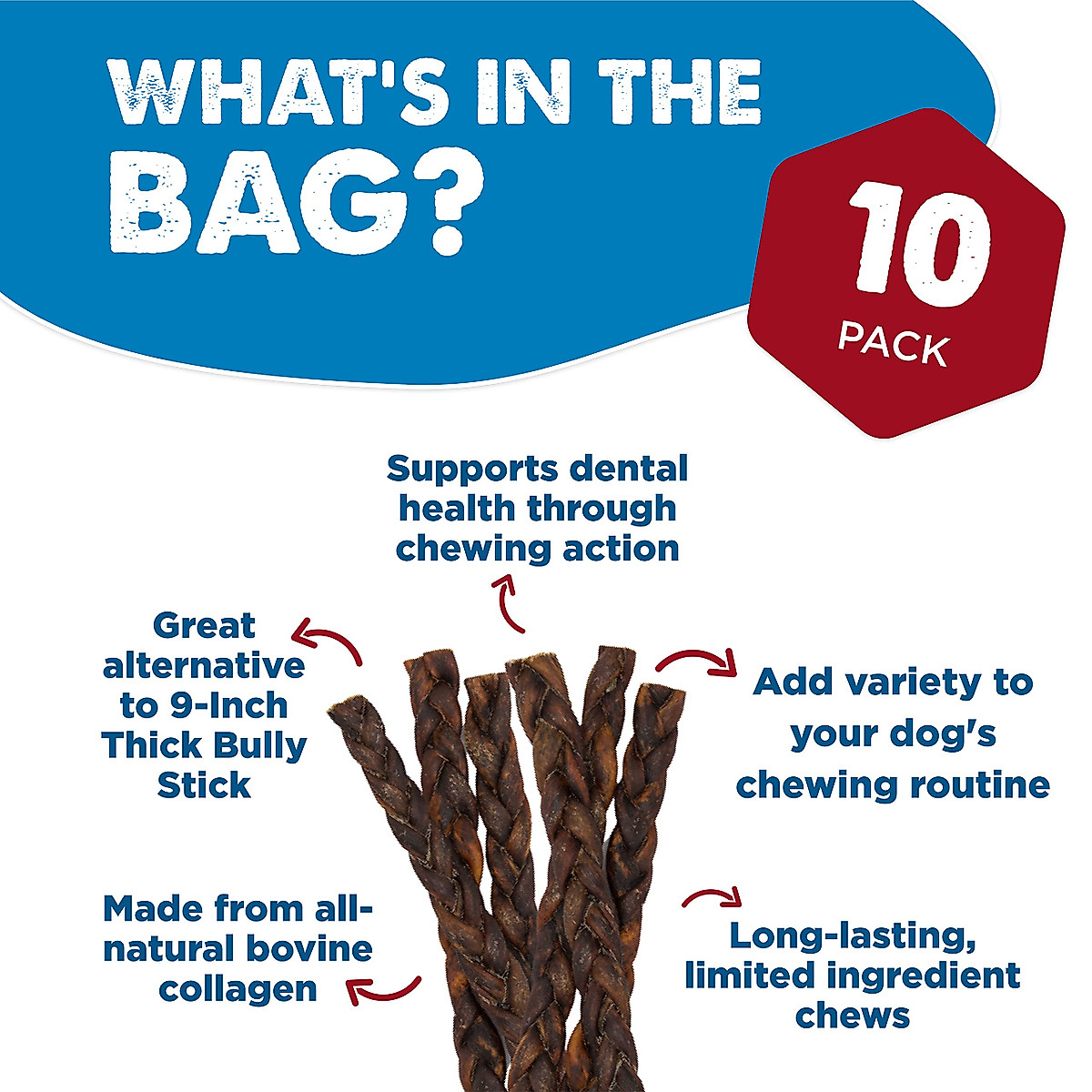 Best Bully Sticks All Natural Dog Chews - 5 Inch Braided Beef Collagen Sticks - USA Baked & Packed - Highly Digestible, Limited Ingredient, Rawhide Alternative Dog Chew - 10 Pack