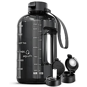 AQUAFIT Half Gallon Water Bottle with Time Marker - Straw & Chug Lid - Big Water Bottle with Straw - BPA Free Gym Water Bottle with Handle - Gallon Water Jug (64 oz - 2 Lids, Gray)