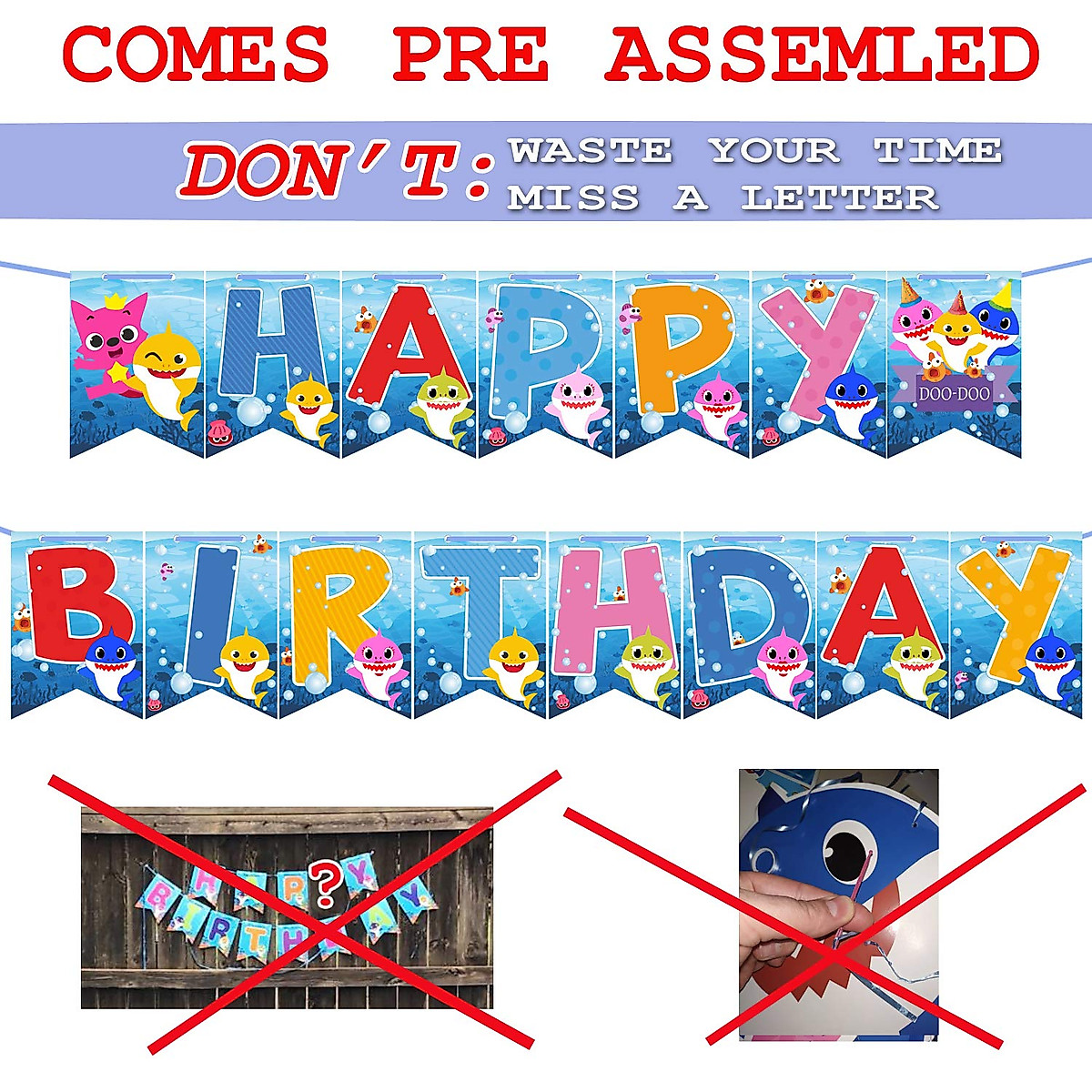 Baby Shark Happy Birthday Banner DOO Garland Shark Theme Party Supplies For Kids Baby Shower Party and Children Birthdays Party Decorations Set of 15 flags