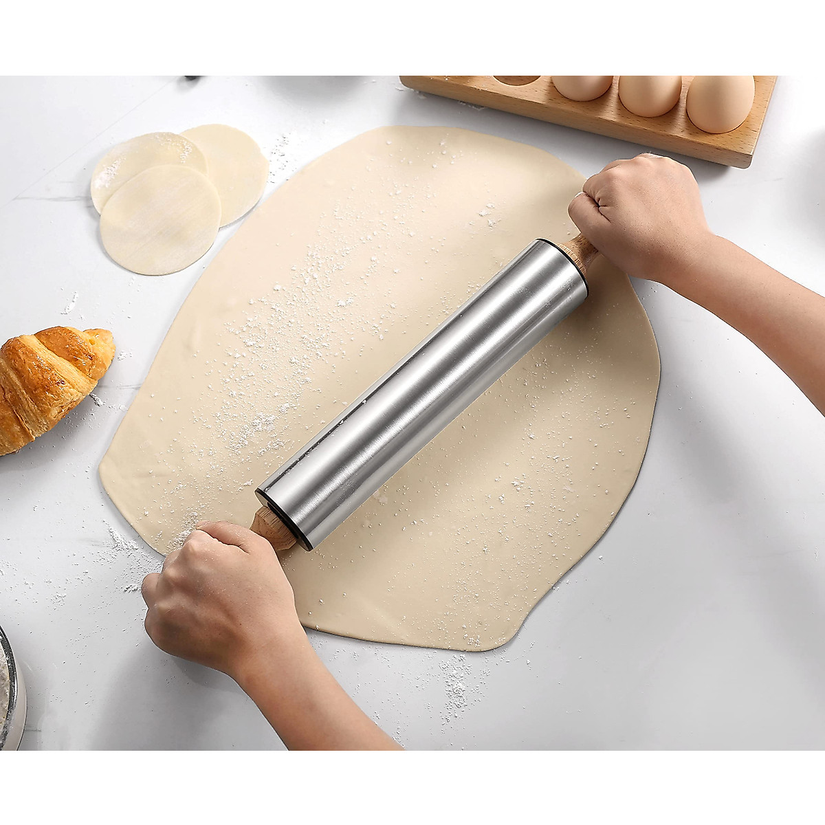 Rolling Pin with Wooden handle,9.6inch Stainless Steel Roller, rolling pins for baking,Which can be used to make Pizza, Pie Crust, Cookies, Pastry,sugar，Pasta and other dough.By Amber&Sean