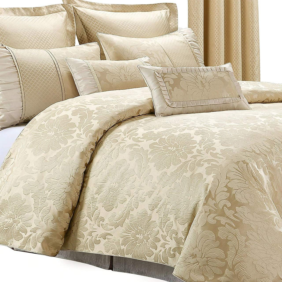 13-PC California King Size, SARA Bed in a Bag Including: Beige Duvet Cover Set+ 100% Cotton Sheet Set+ Bed Skirt+ Down Alternative Comforter