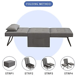 Iroomy Sofa Bed Sleeper Chair with Pillow, Convertible 4 in 1 Multi-Function Adjustable Recline Linen Guest and Folding Multifunctional Ottoman Foldable Bed for Small Spaces (Dark Grey)