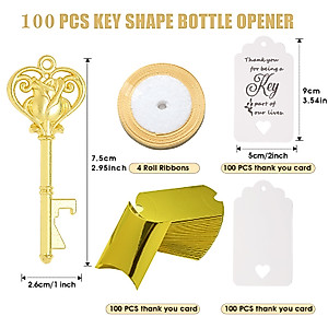 XHIPY 100 Sets Skeleton Key Bottle Opener Wedding Favors, Bridal Shower Gift for Guests with Thank You Tag Card Pillow Candy Box and Satin Ribbon (Gold)