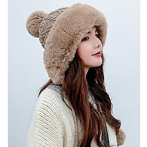 Winter Pompom Beanie Hats for Women Fluffy Knit Womens Beanie Faux Fur Crochet Skull Cap Warm Bucket Outdoor Ear Cover Khaki