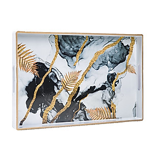 MAONAME Serving Tray with Handles, White Decorative Tray for Coffee Table, Modern Marbling Plastic Tray, Rectangular Vanity Tray and Serving Trays for Ottoman, Living Room, Kitchen, 15.8 X 10.2 Inch