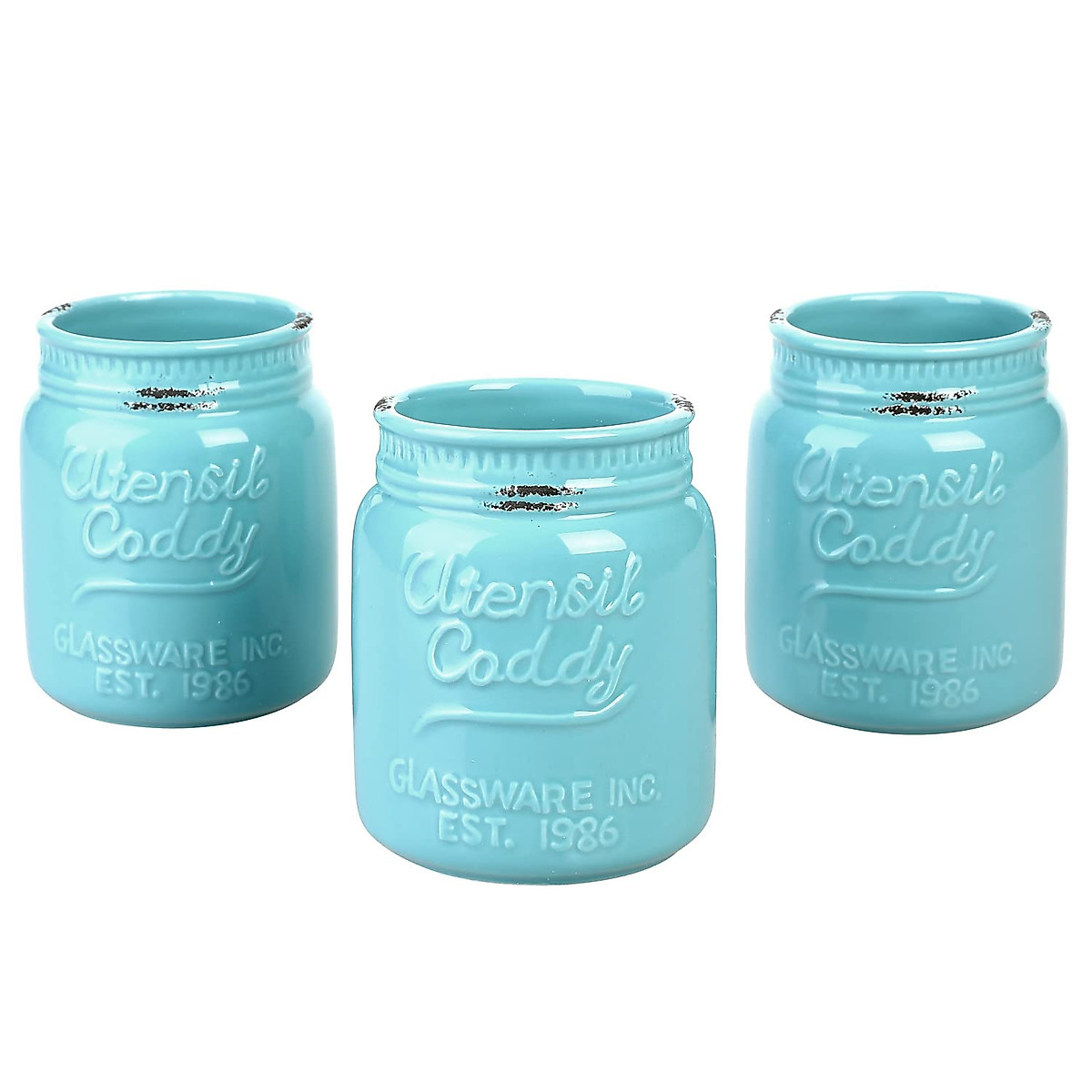 MyGift Aqua Blue Ceramic Mason Jar Flatware Holder Storage Organizer with Decorative Embossed Utensil Caddy Word Design, Farmhouse Kitchen Decor, Set of 3