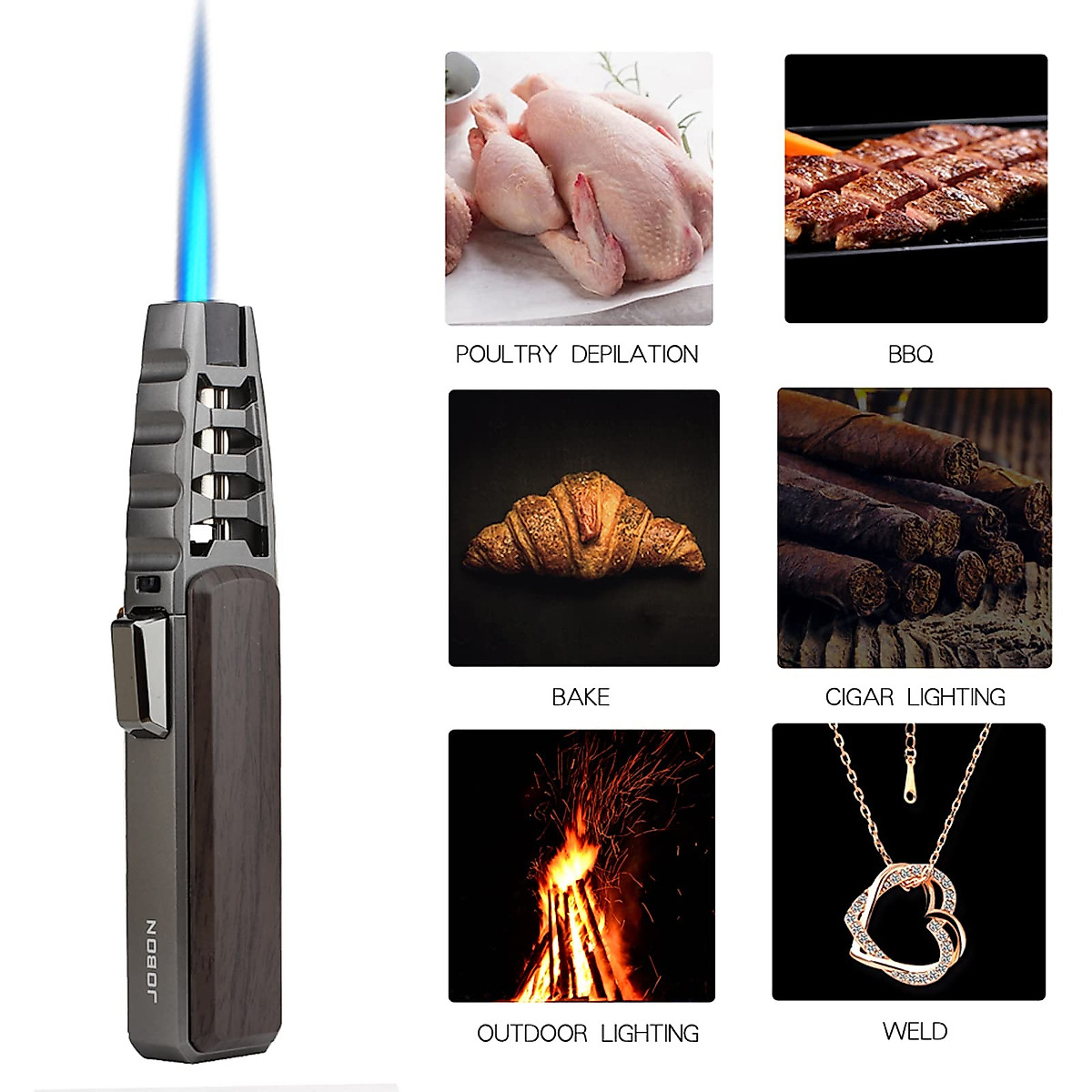 JOBON Butane Torch Lighter, Refillable Blow Jet Solar Flamethrower Best Torches, for Baking Cooking BBQ Kitchen Camping Creme Brûlée - No Gas Included (Old Gray Lacquer with Brown)