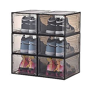 Kenyatta Shoe Storage,6 Pack Shoe Boxes Clear Plastic Stackable,Shoe Organize,(Black) For Sneaker Display,Easy Assembly,Fit up to US Size 12(13.4”x 10.6”x 7.4”), (Black)