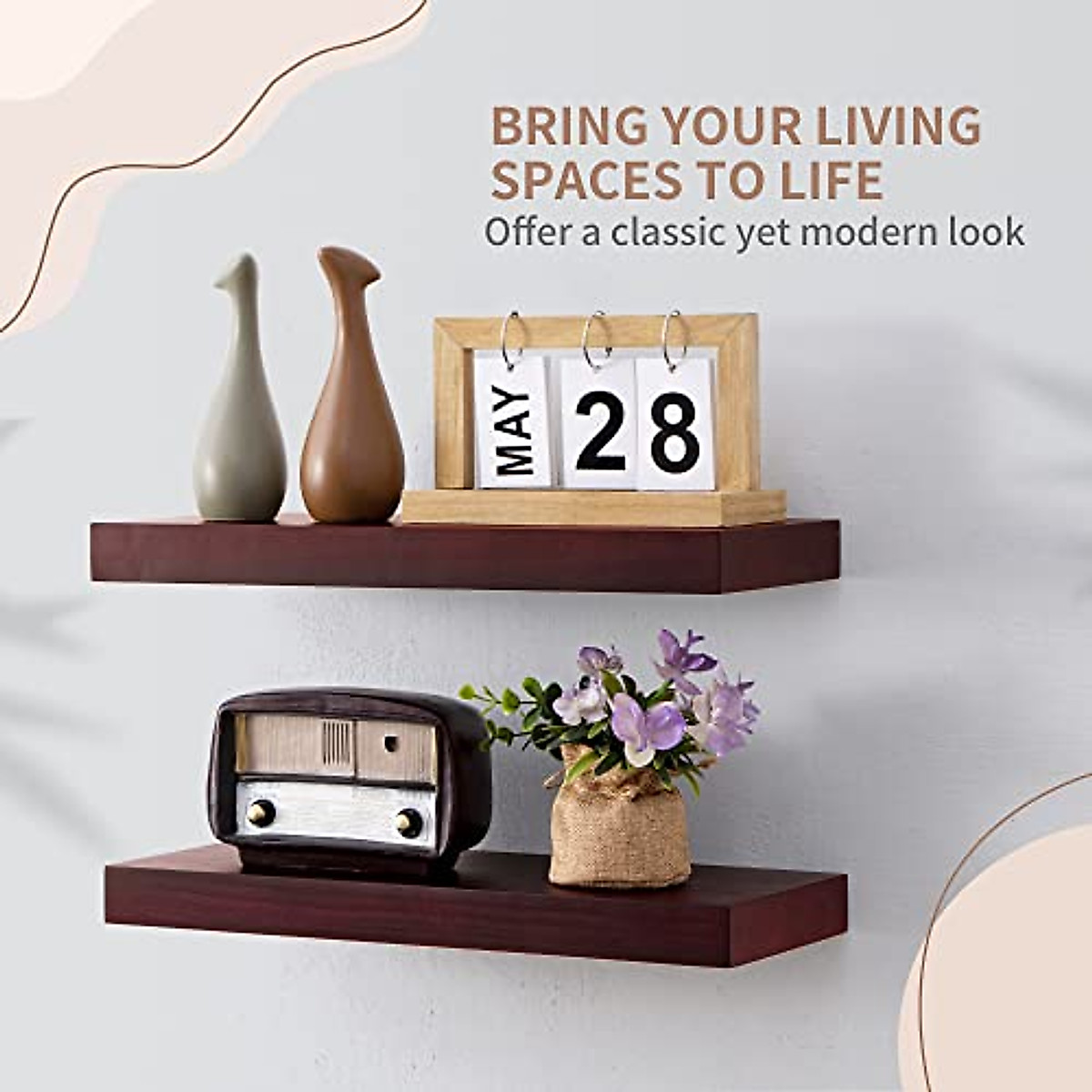 Floating Shelves Set of 2, Farmhouse Rustic Wood Shelves for Wall Storage, Solid Wood Bathroom Shelves, Wall Mounted Wooden Display Shelf for Living Room, Kitchen, 16 x 6.7 x 1.4 inch, Mahogany