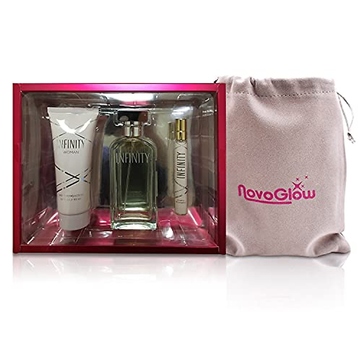 Infinity Perfume for Women 3 Piece Gift Set, 3.4 oz EDP Parfum, .05 oz Travel Perfume, 3.4 oz Moisturizing Lotion, With A NovoGlow Luxurious Suede Pouch