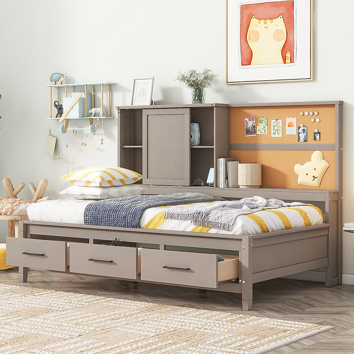 Ball & Cast Twin Daybed with Storage Shelves and 3 Drawers,Bed Frame W/USB Ports,Sliding Doors & Cork Board,for Bedroom,Guest Room,Apartment,Antique Gray