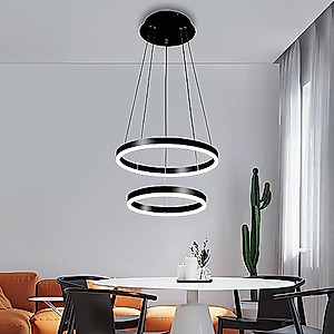 Viruhaka Dimmable LED Pendant Light Dining Room 50W LED Modern Chandelier Black Living Room 2 Ring Pendant Lighting Entryway with 59in Cord Adjustable,6000K Daylight