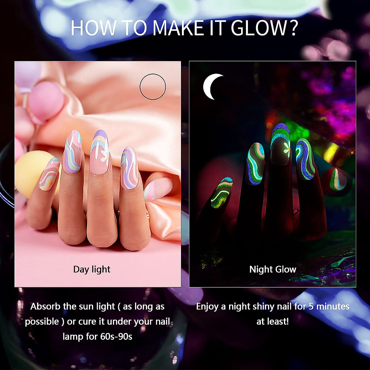 RARJSM Glow in The Dark Nail Art Gel Liner 12 Soft Pastel Colors Neon Green Blue Purple Pink Painting Luminous Polish Set UV LED Curing Requires Thin Brush for Swirl Nails Design